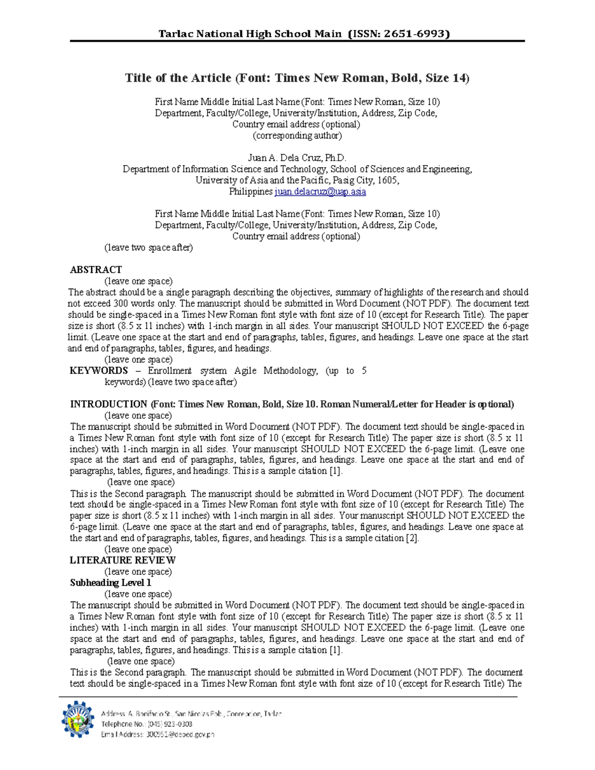 Imrad-Format-1 - IMRAD FORMAT - Title of the Article (Font: Times New ...