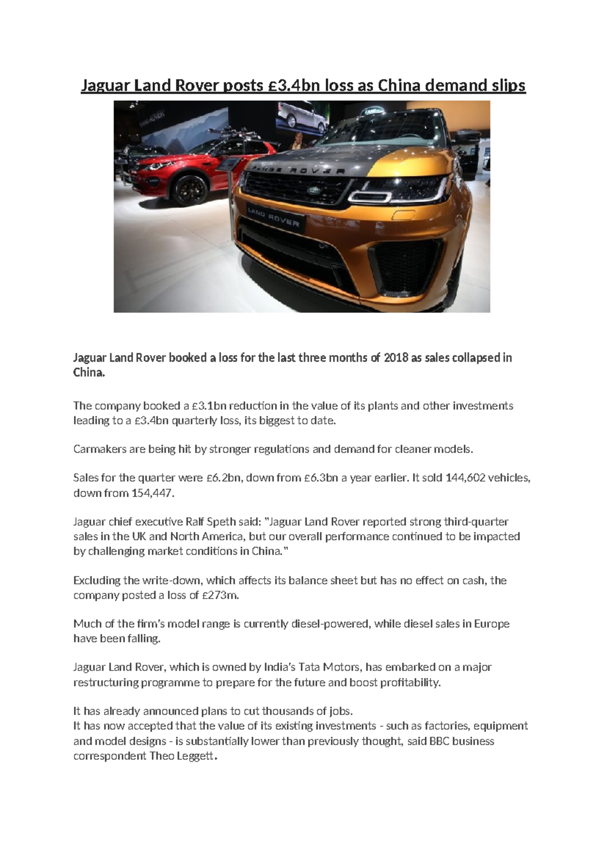 Business Case Studies- UCE - Jaguar Land Rover posts £3 loss as China ...