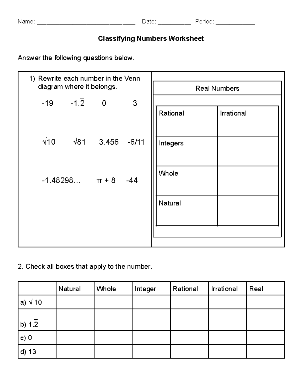 Classifying Numbers - Name: ______________________________ Date: __________ Period ...