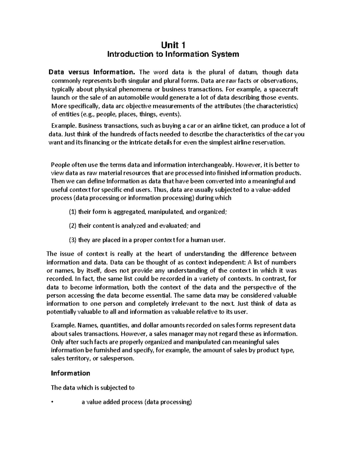 BIS Notes Unit 1 - Information science - Unit 1 Introduction to ...