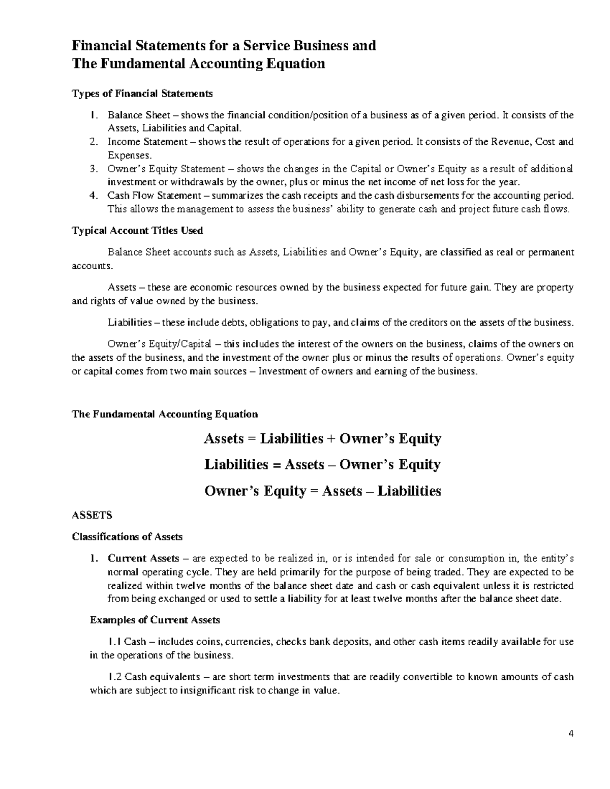 Handouts Chapter 1-4-8 - Financial Statements for a Service Business ...