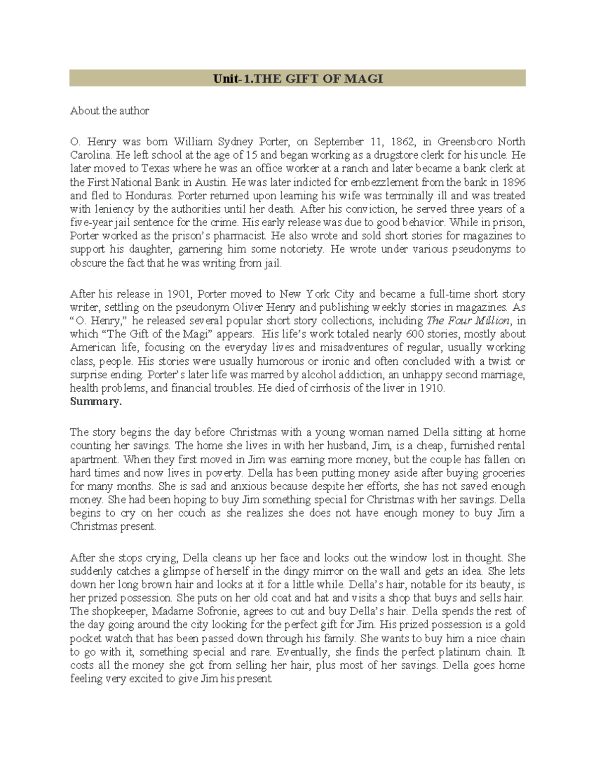 Communicative English Notes Unit 1-5 - Unit-1 GIFT OF MAGI About the ...