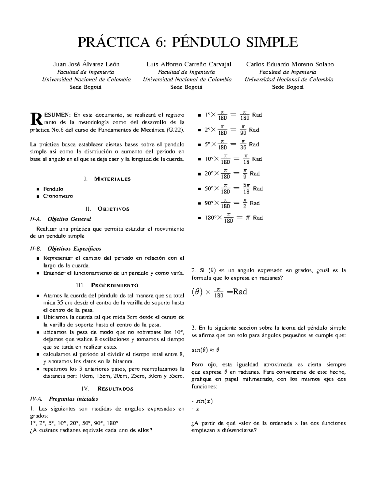 Pr ctica 6 - PR ́ACTICA 6: P ́ENDULO SIMPLE Juan Jos ́e ́Alvarez Le ́on Facultad de Ingenier ́ıa ...
