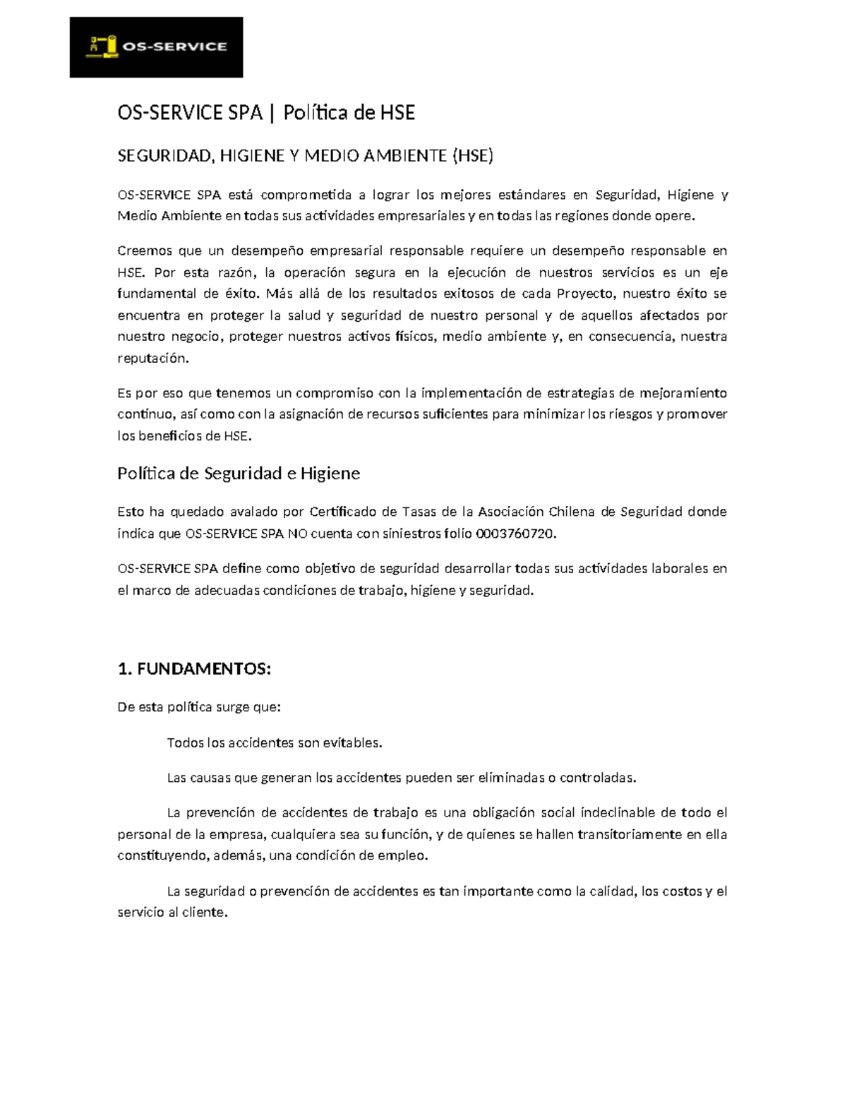 Politica HSEC - OS-SERVICE SPA | Política de HSE SEGURIDAD, HIGIENE Y ...