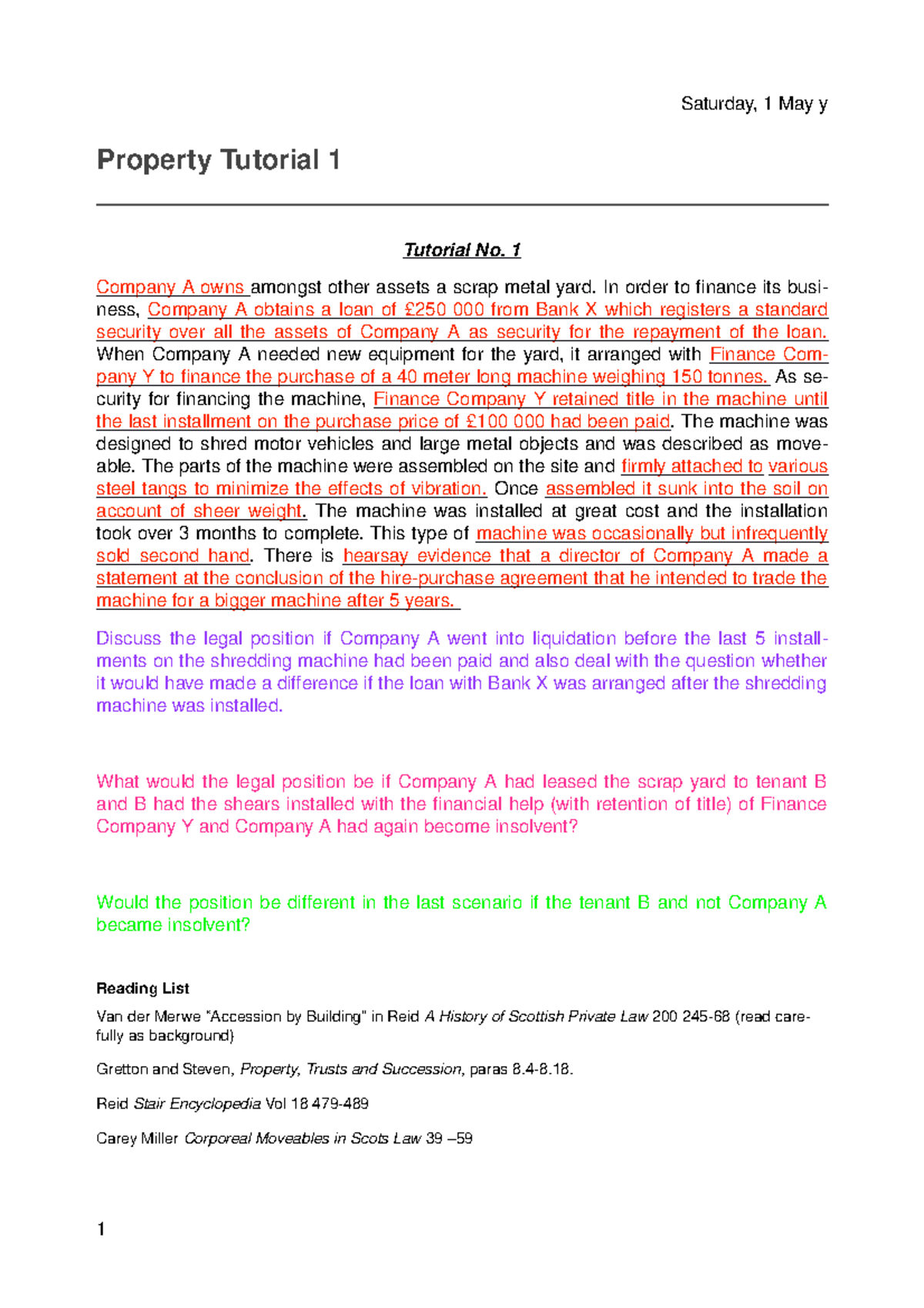 Tutorial one notes - Saturday, 21 July y Property Tutorial 1 Tutorial ...