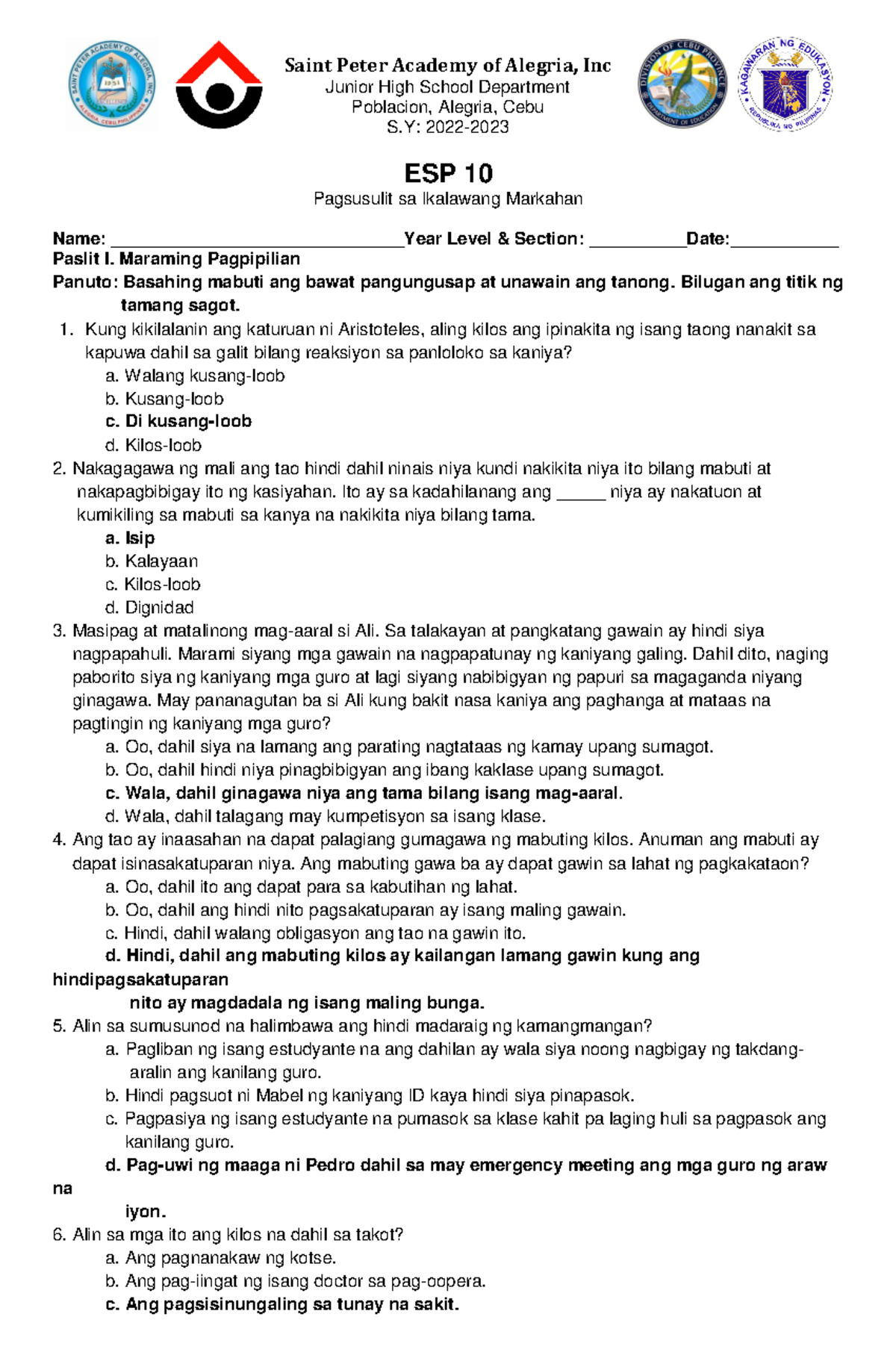 ESP 10 -TQ- 2ND Quarter - Copy - Saint Peter Academy of Alegria, Inc Junior High School ...