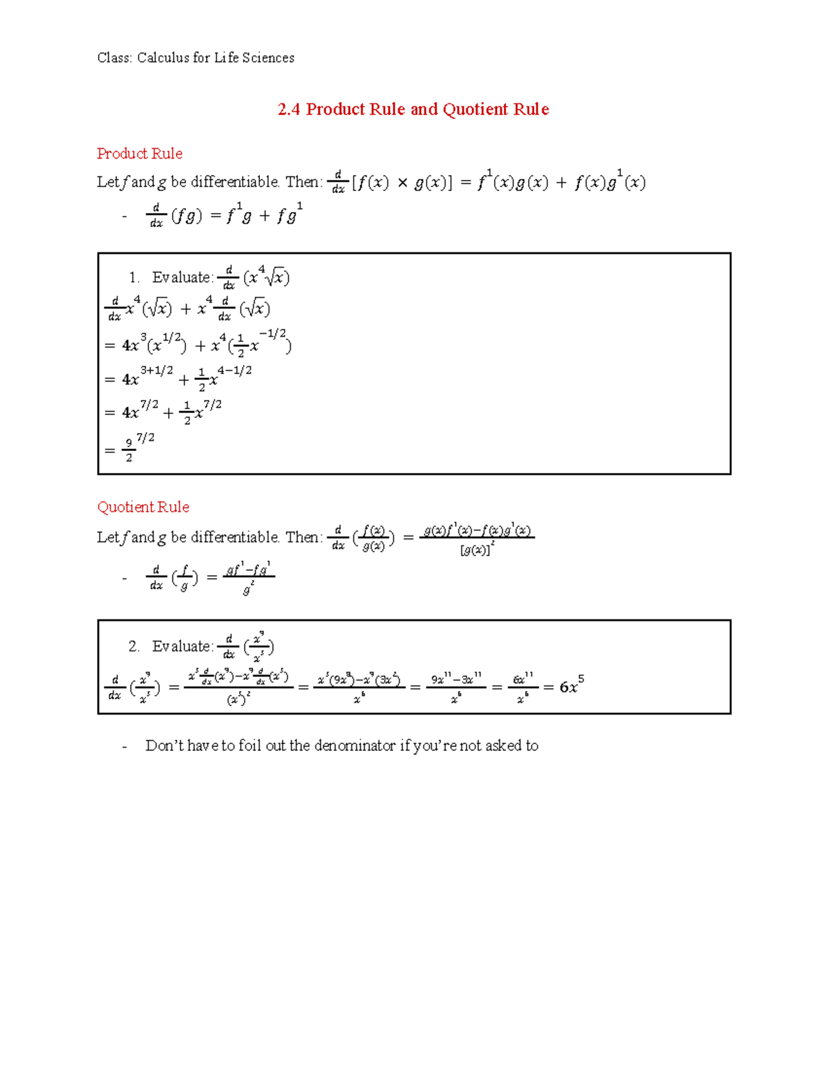 2 4 Product Rule And Quotient Rule Google Docs Class Calculus For