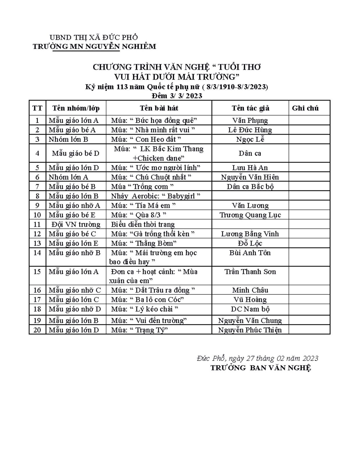 Chuong Trinh VAN NGHE 2023 - UBND THỊ XÃ ĐỨC PHỔ TRƯỜNG MN NGUYỄN NGHIÊM CHƯƠNG TRÌNH VĂN NGHỆ ...