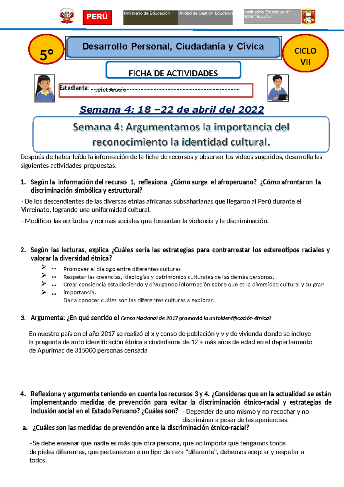 4. Semana DPCC 5° Ficha DE Actividades - Ministerio de Educación Unidad de Gestión Educativa ...