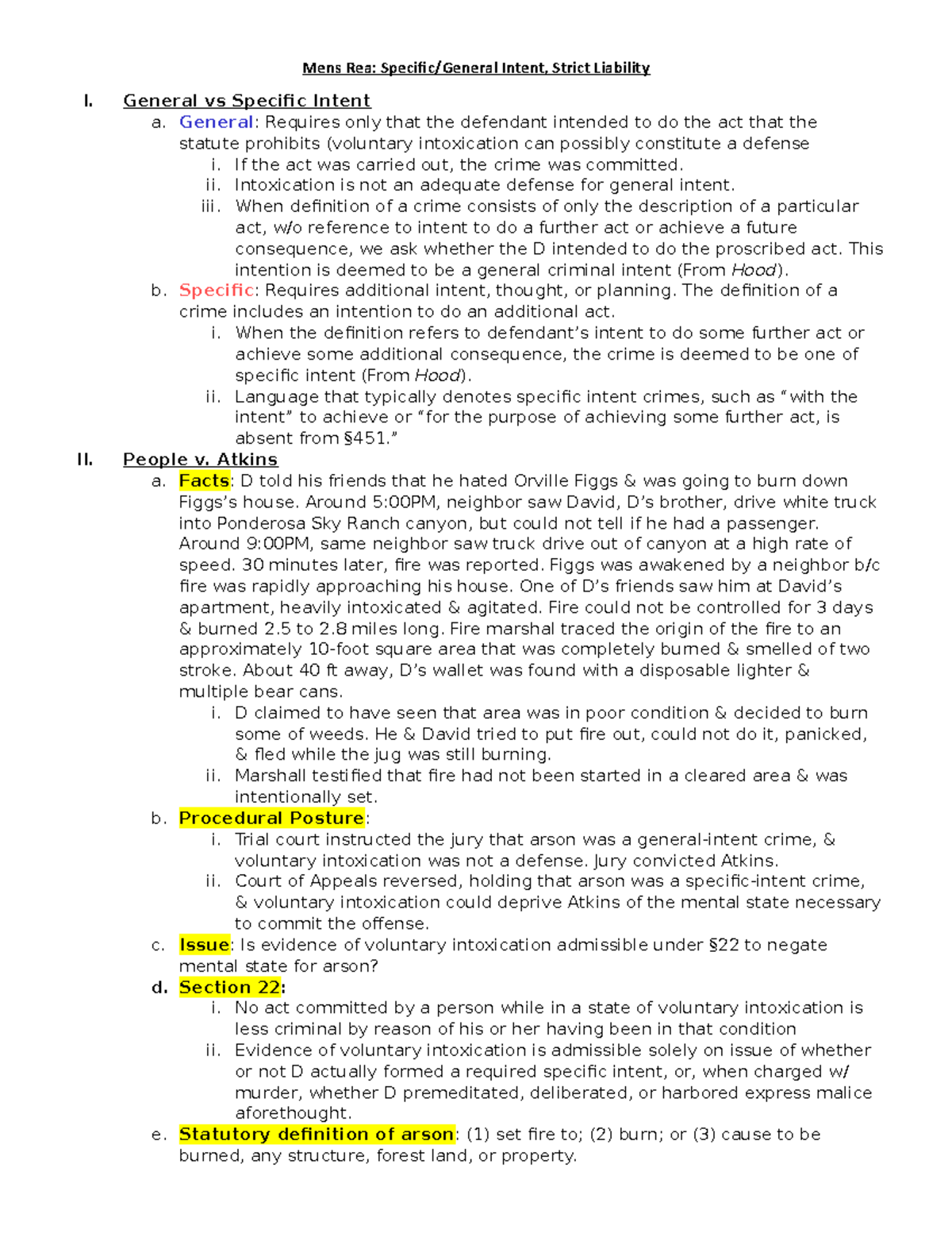 Class 7 - Mens Rea - Specific and General Intent, Strict Liability ...