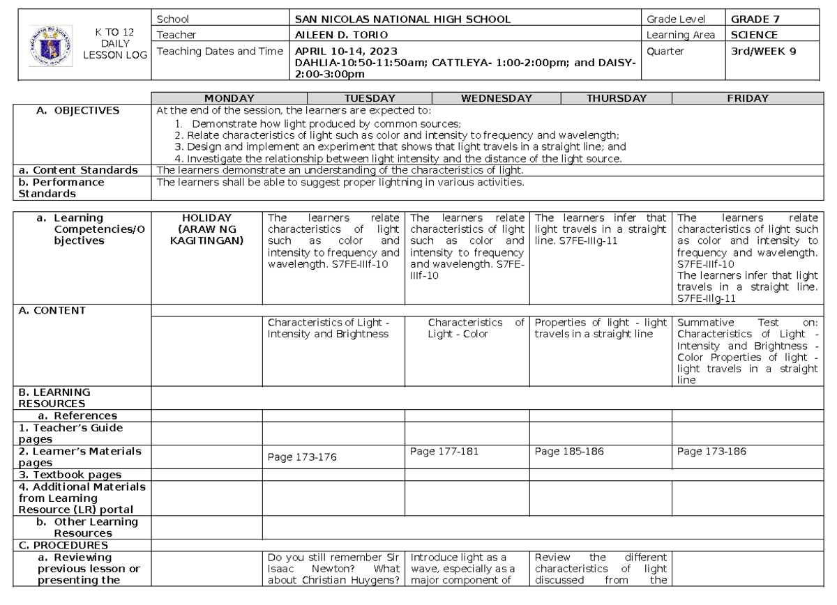 WEEK-9 - Lecture notes in Science 7 - K TO 12 DAILY LESSON LOG School ...