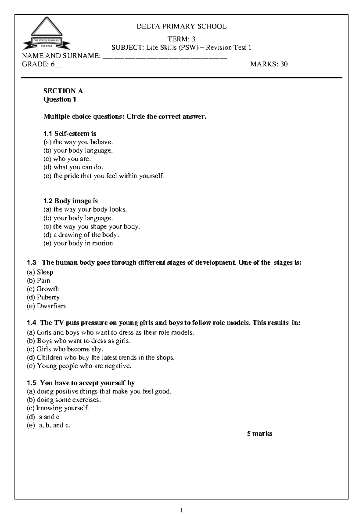 Grade 6 Life Skills PSW – Revision Test Term 3 No 1 - DELTA PRIMARY ...