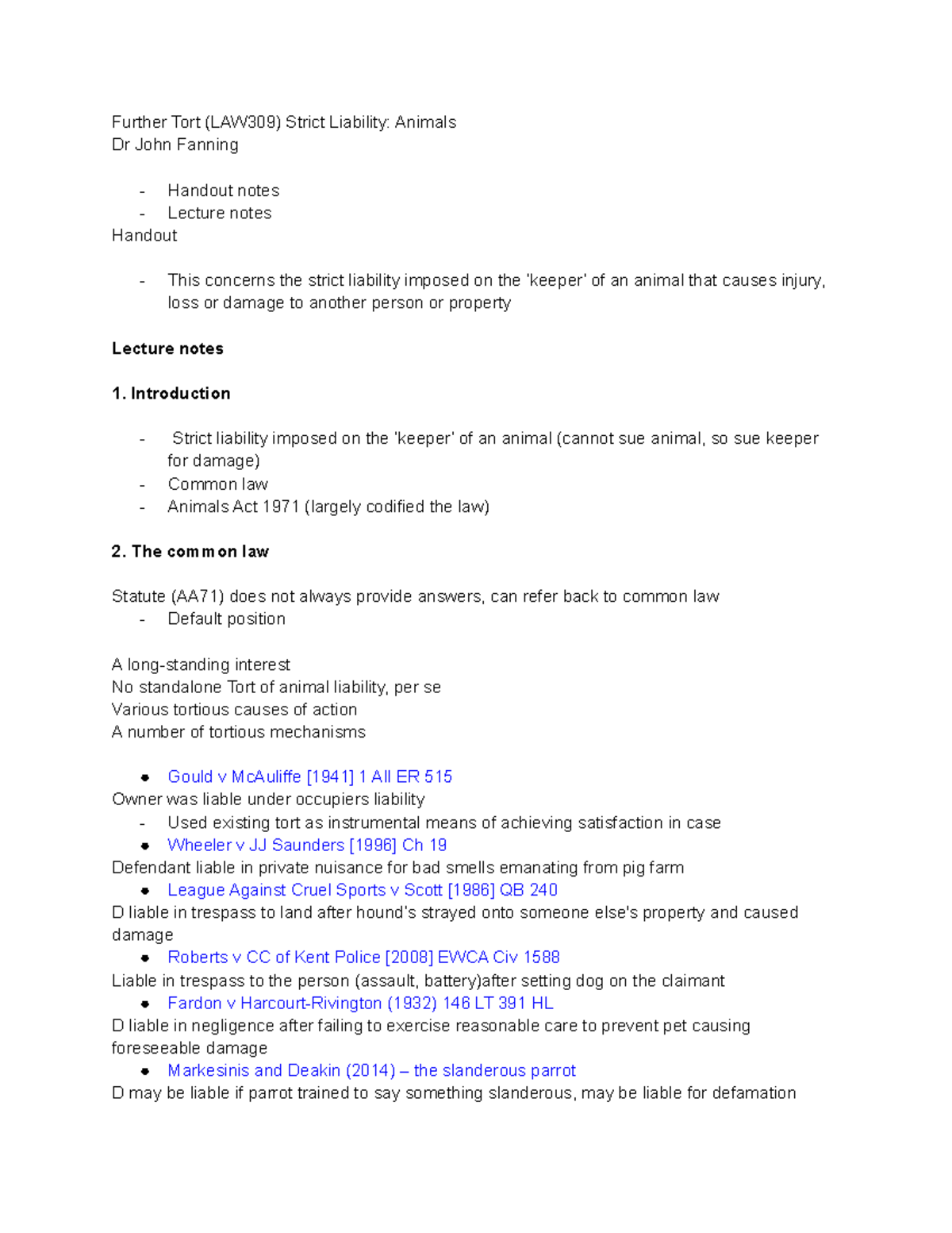 Further tort l3 - Further Tort (LAW309) Strict Liability: Animals Dr ...