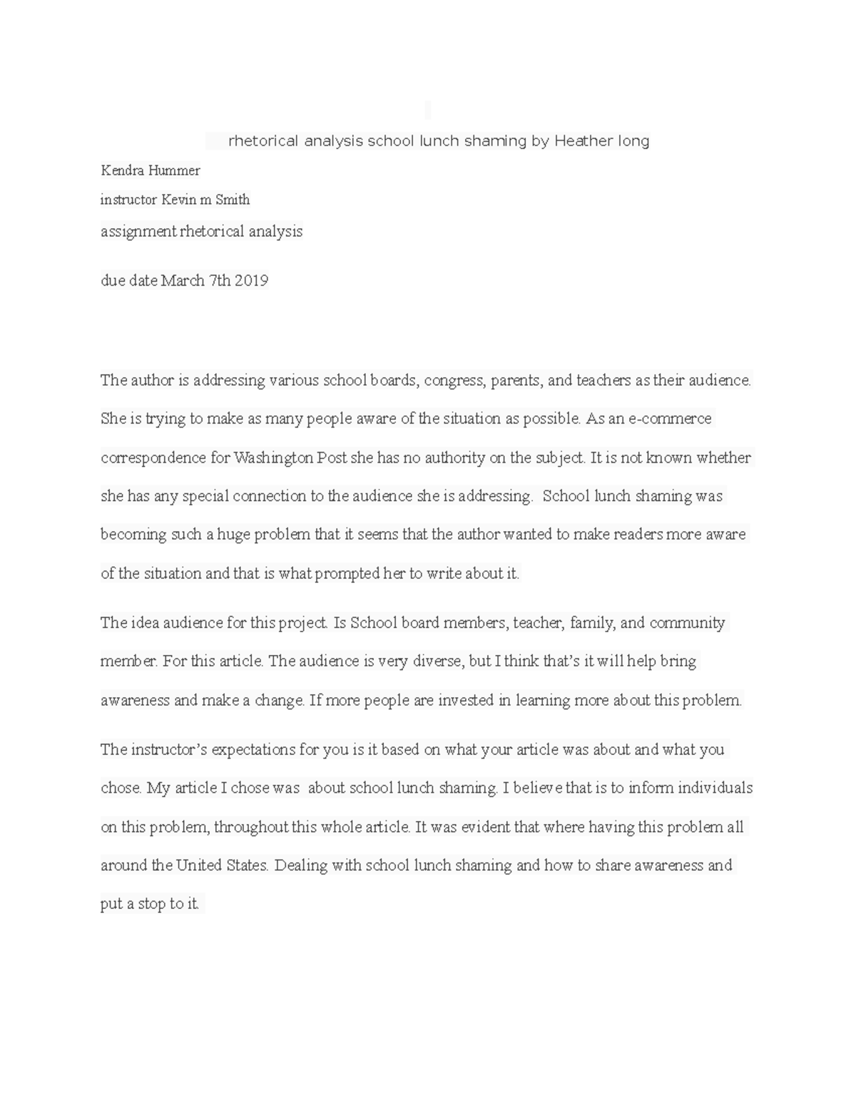 RA rough draft - ec101 - rhetorical analysis school lunch shaming by ...