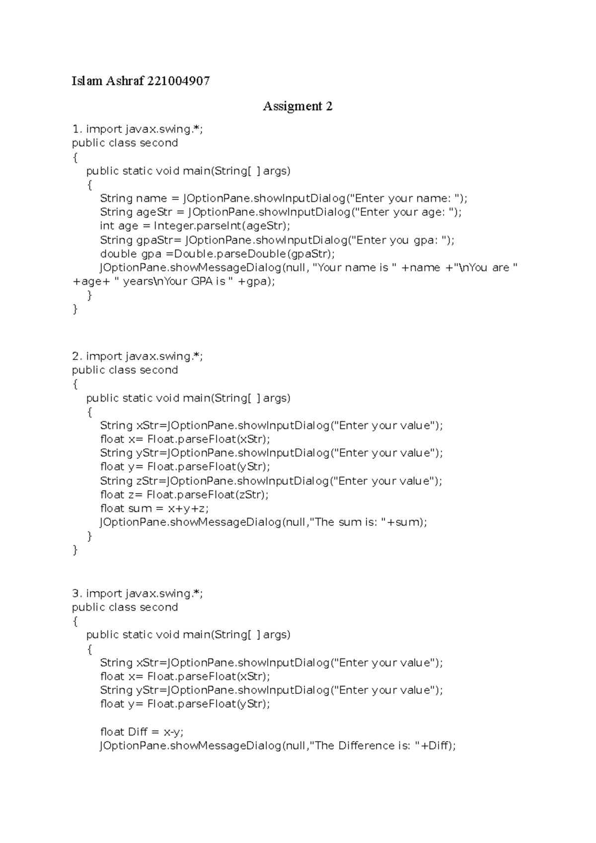 Assignment 2 Lecture Notes In Programing Islam Ashraf 221004907 Assigment 2 Import Javax