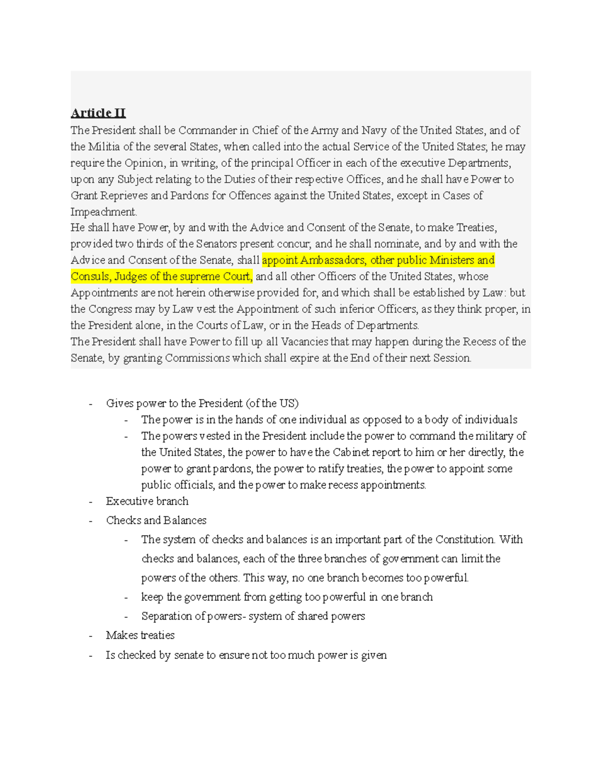 Lecture Notes Based on Article - Article II The President shall be ...