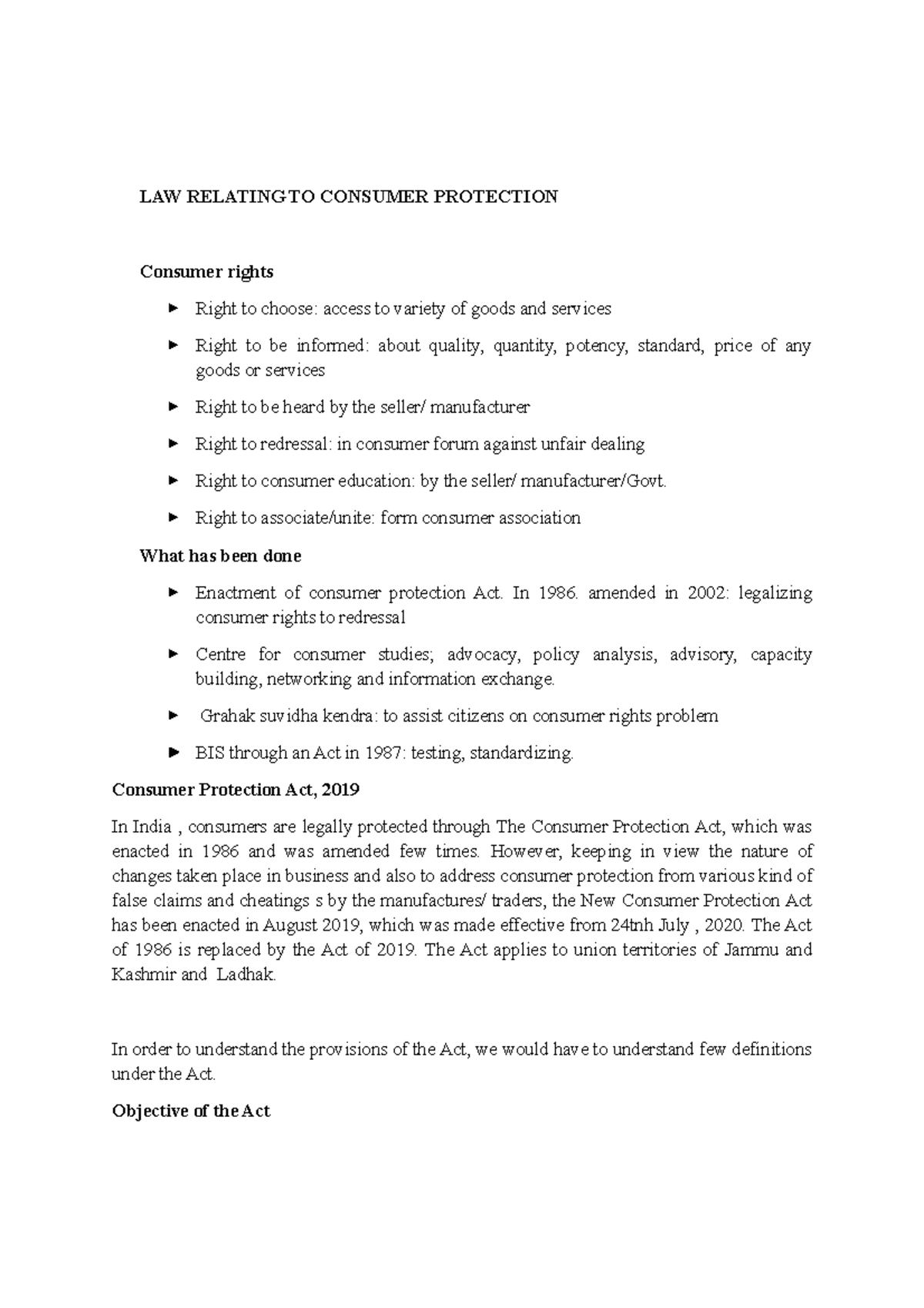 Consumer protection Law - LAW RELATING TO CONSUMER PROTECTION Consumer ...