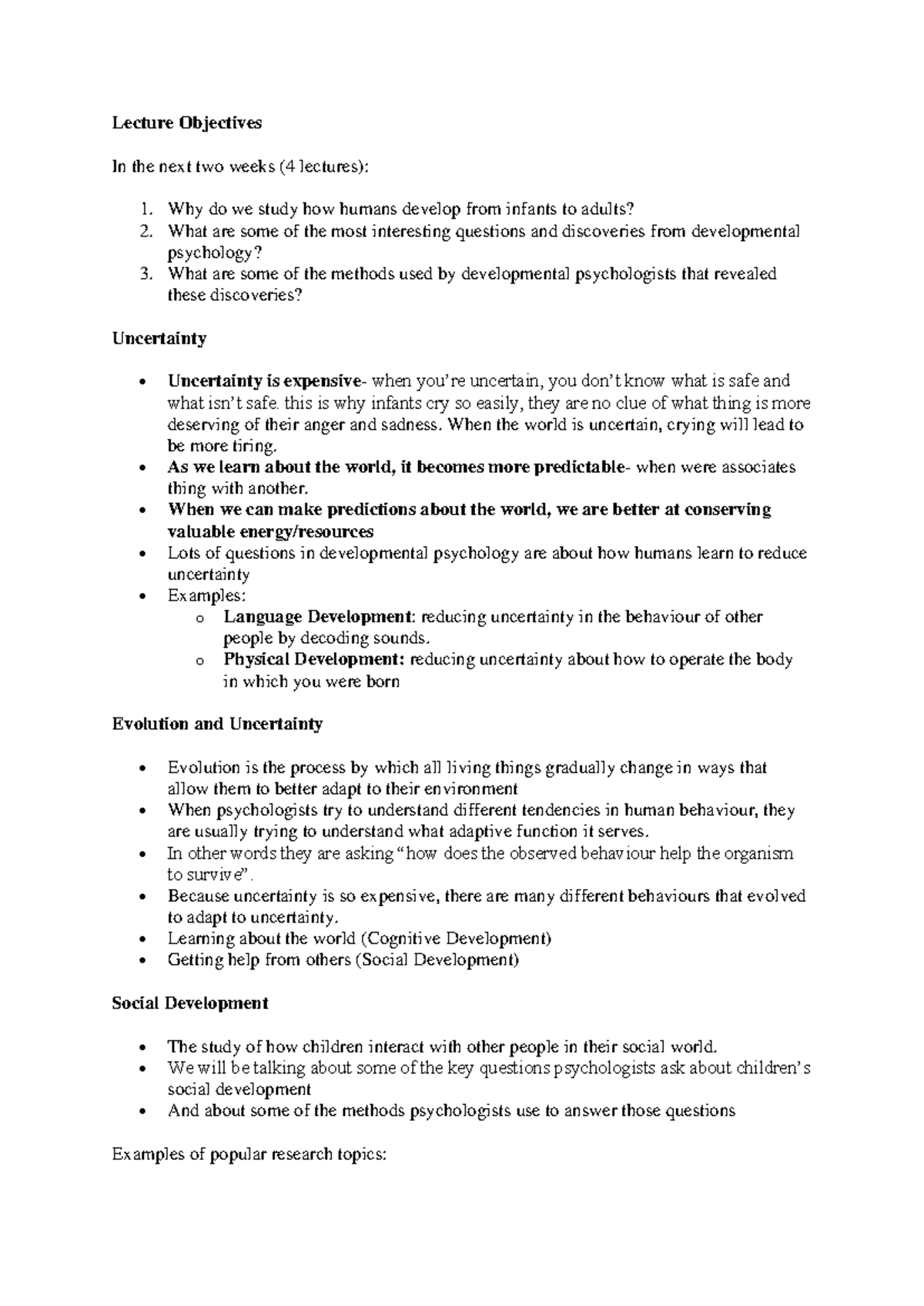 Developmental Psychology: Lecture One - Lecture Objectives In the next two weeks (4 lectures): 1 ...