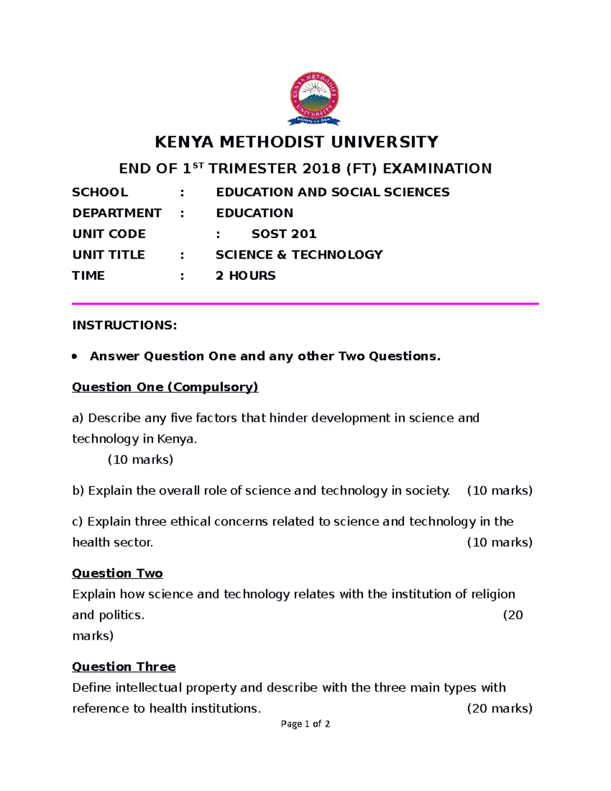 Science & Technology (SOST 201) 1ST Trimester 2018 - KENYA METHODIST UNIVERSITY END OF 1 ST ...