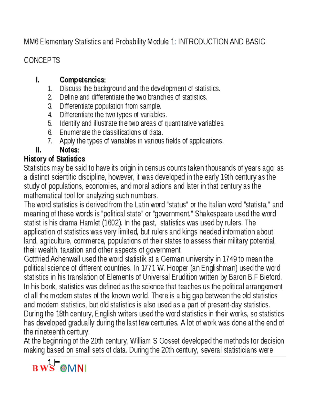 OMNI 1 2ndsem Elem Stat Module 1 4 - MM6 Elementary Statistics and ...