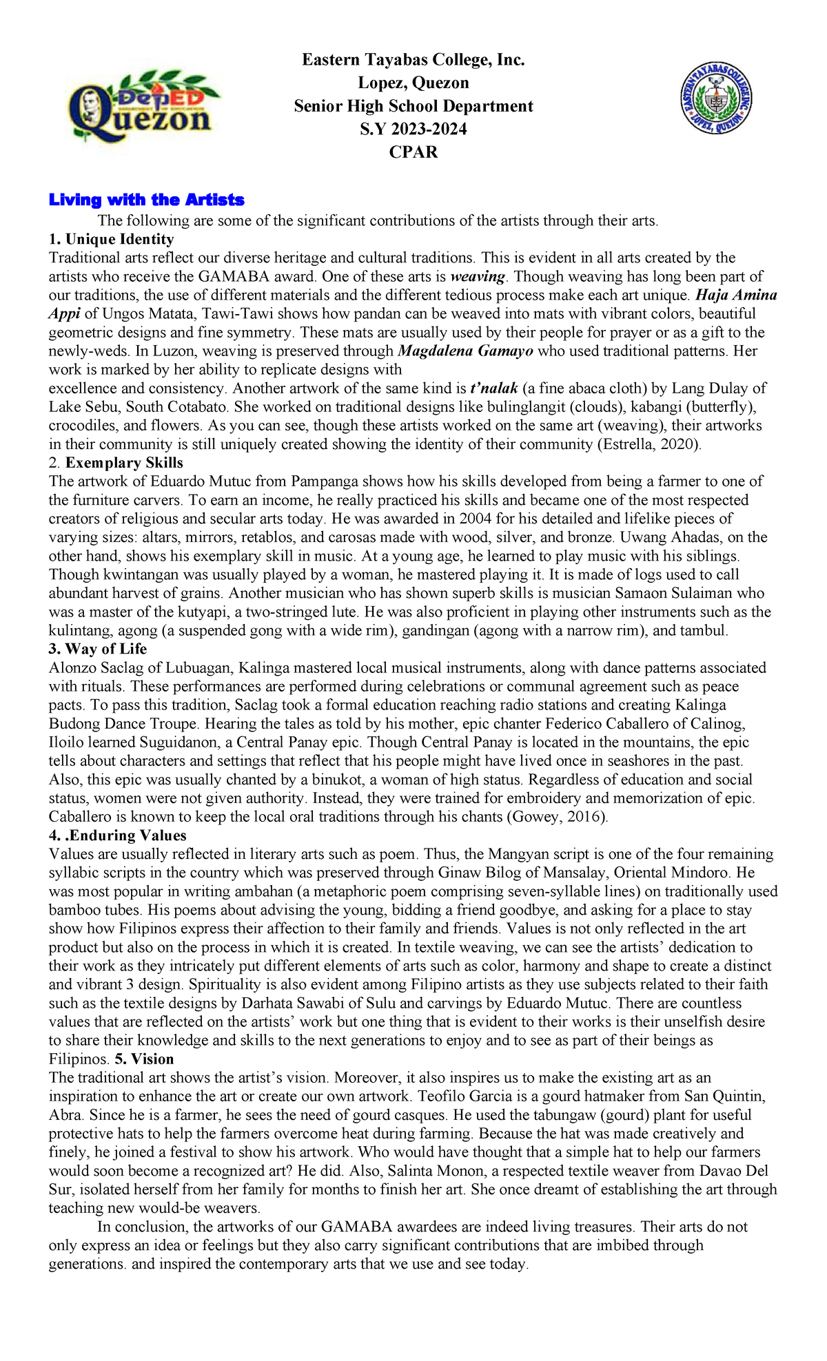 Asynchronous Class CPAR april 15 2024 - Eastern Tayabas College, Inc ...