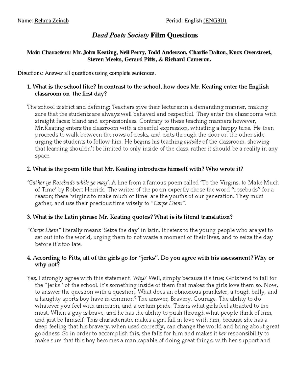 Dead Poets Society - Film Study Questions - Name: Rehma Zeinab Period ...