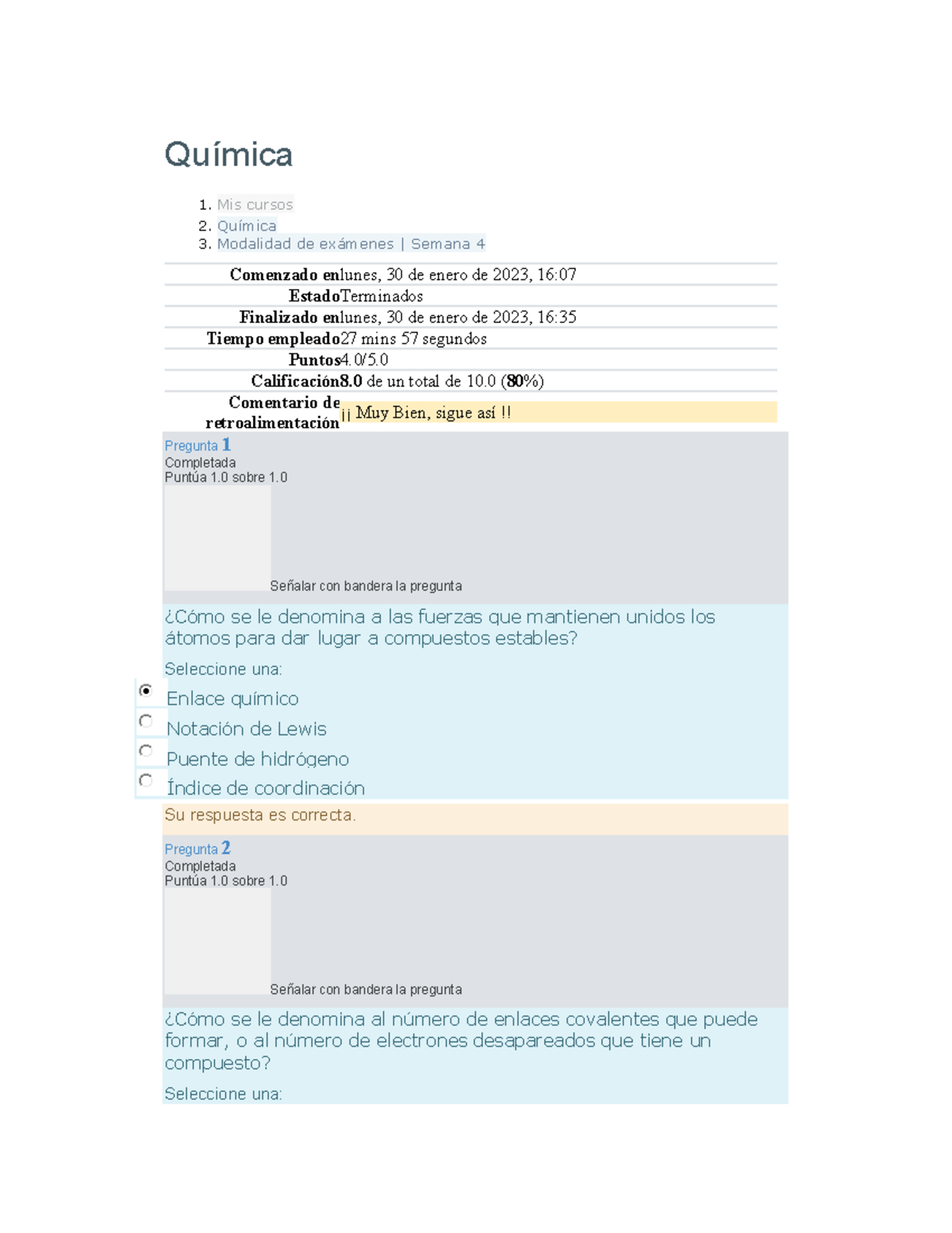 Examen S4 Quimica - Suerte - Química 1. Mis cursos 2. Química 3. Modalidad de exámenes | Semana ...