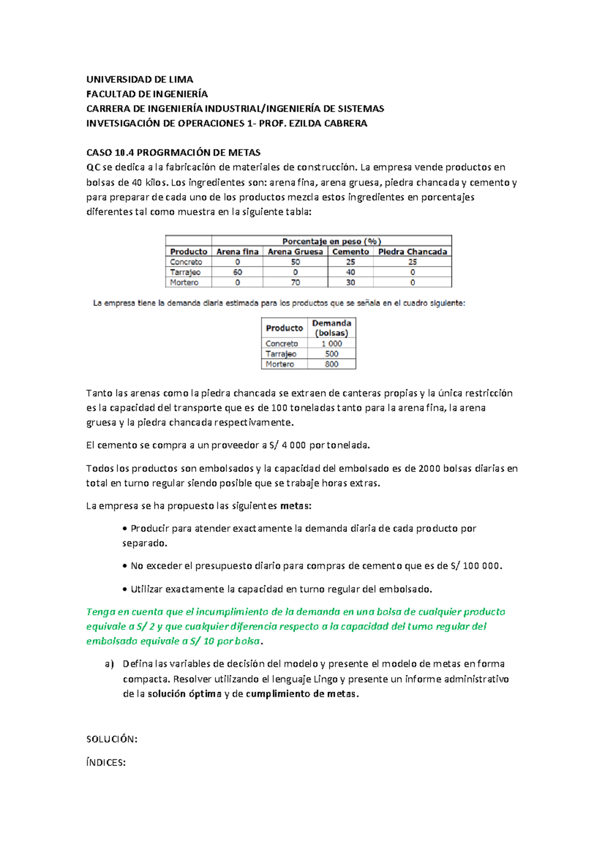 Metas 10 - sdadsad - UNIVERSIDAD DE LIMA FACULTAD DE INGENIERÍA CARRERA ...