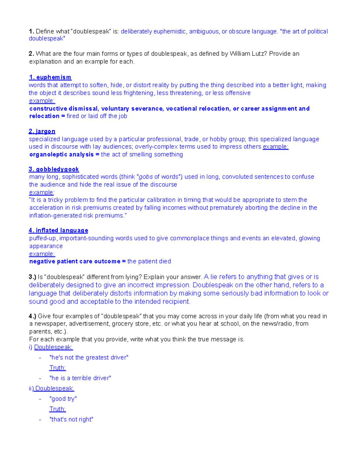 Doublespeak article and questions - Define what “doublespeak” is ...