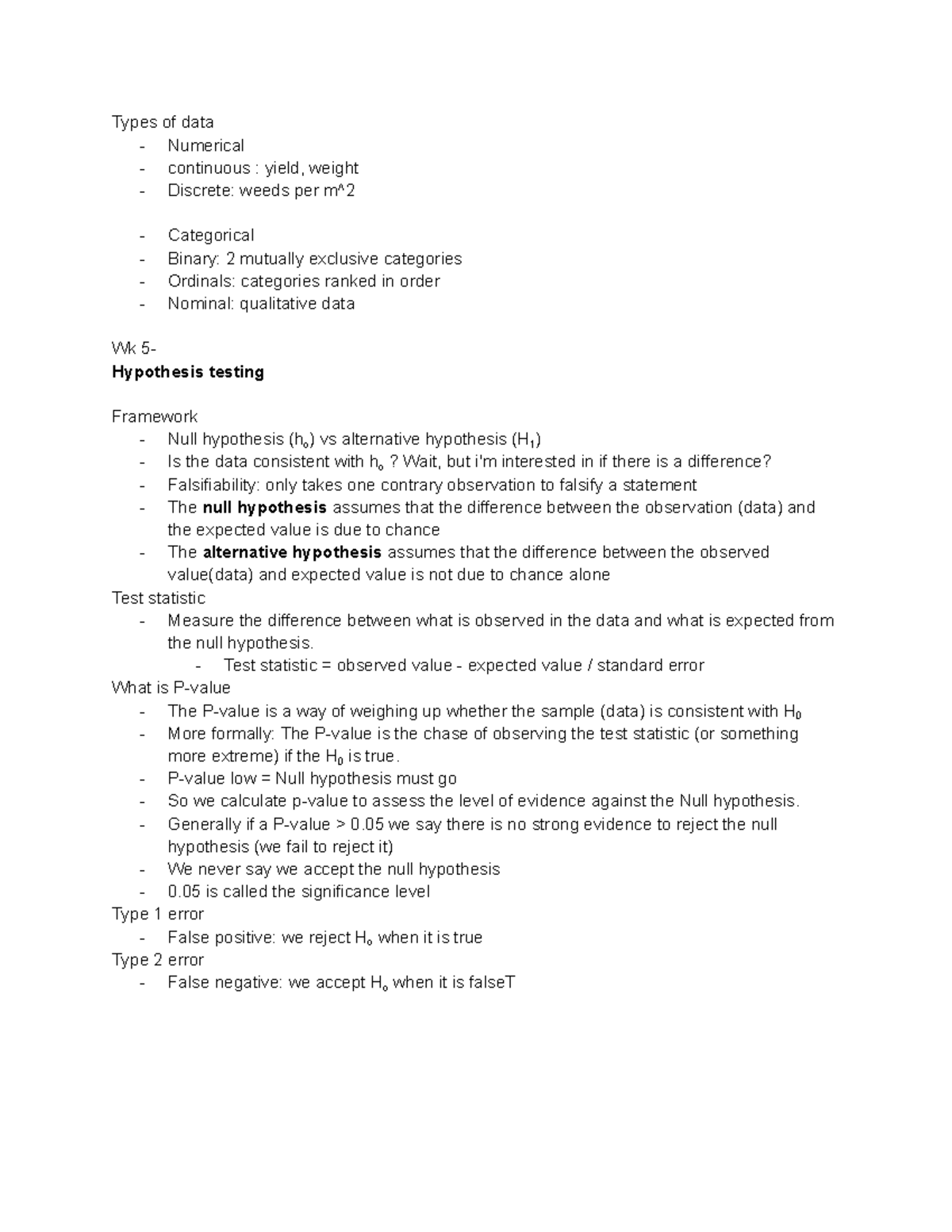 Statistical methdos - notes - Types of data Numerical continuous ...