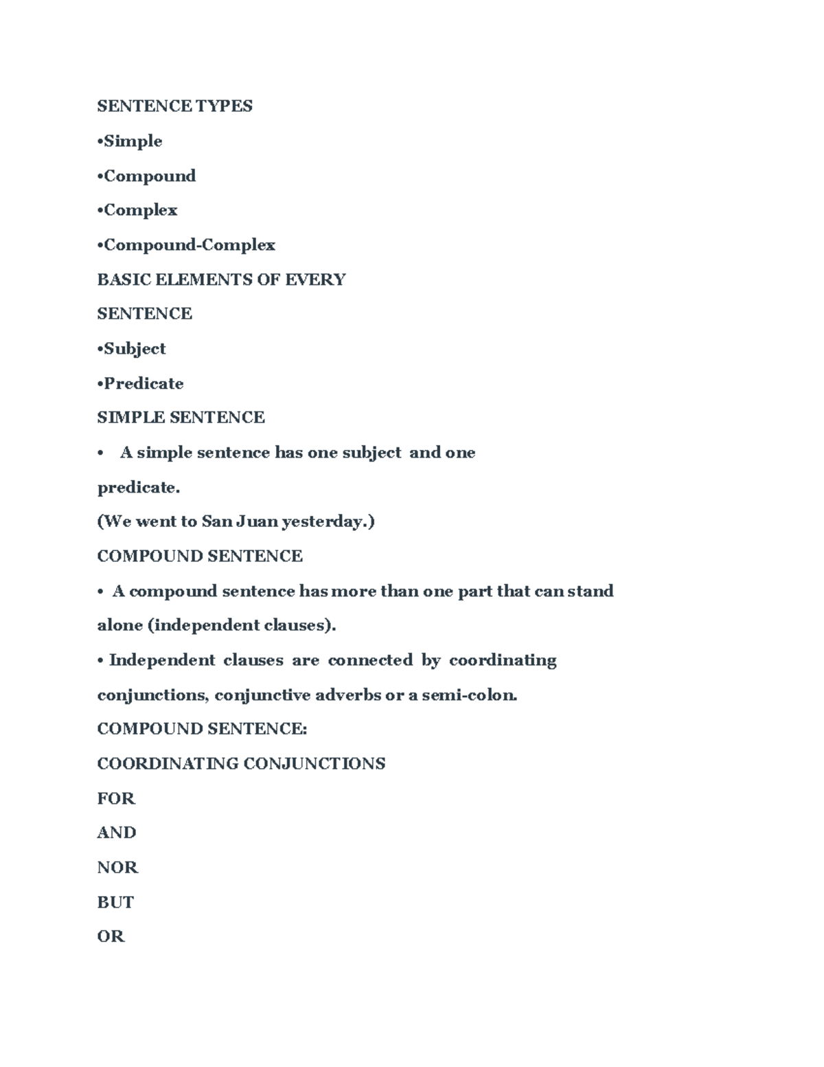 Sentence Structure- Notes - SENTENCE TYPES •Simple •Compound •Complex ...