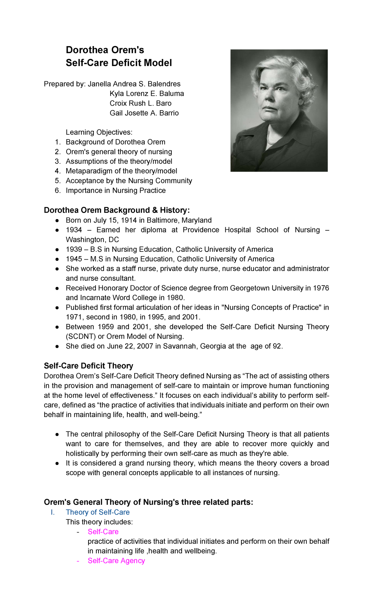 Group 4 - Dorothea Orem - Nursing - Dorothea Orem's Self-Care Deficit ...