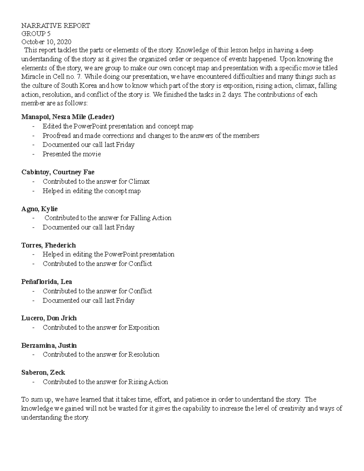 Narrative Report ENG 2 - NARRATIVE REPORT GROUP 5 October 10, 2020 This ...