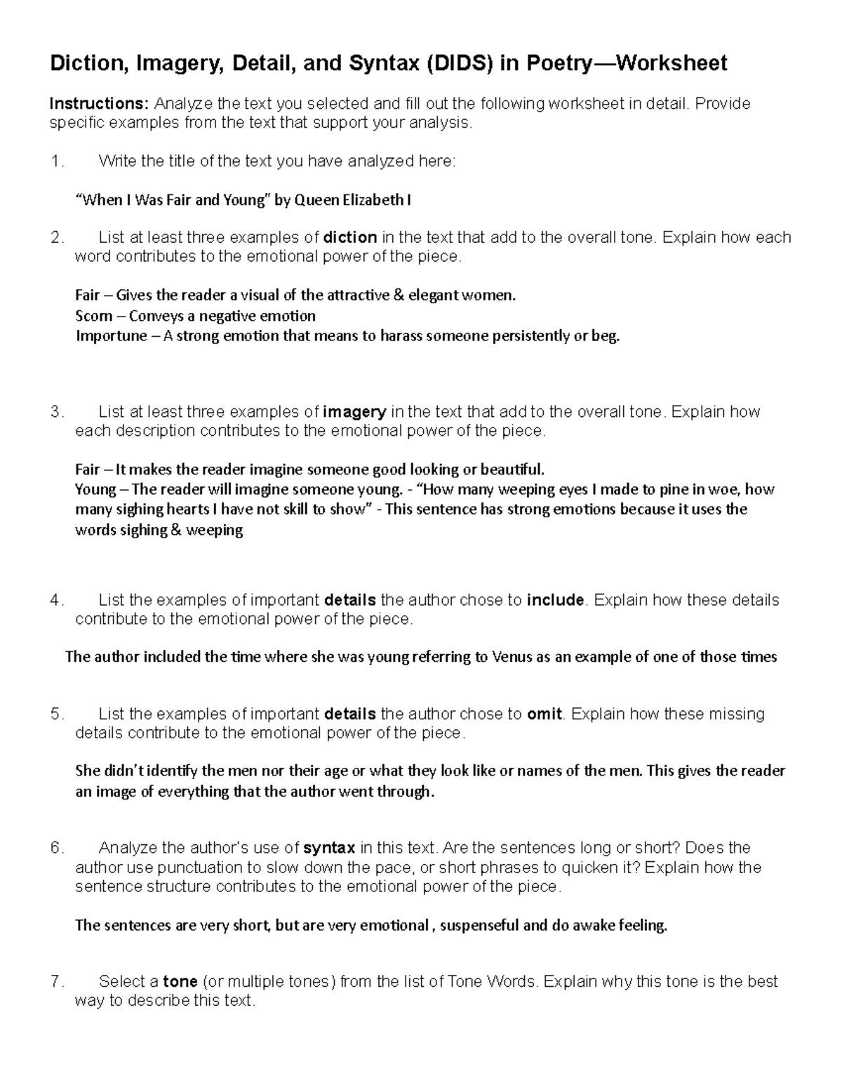 Diction, Imagery, Detail, and Syntax (DIDS) in Poetry—Worksheet ...