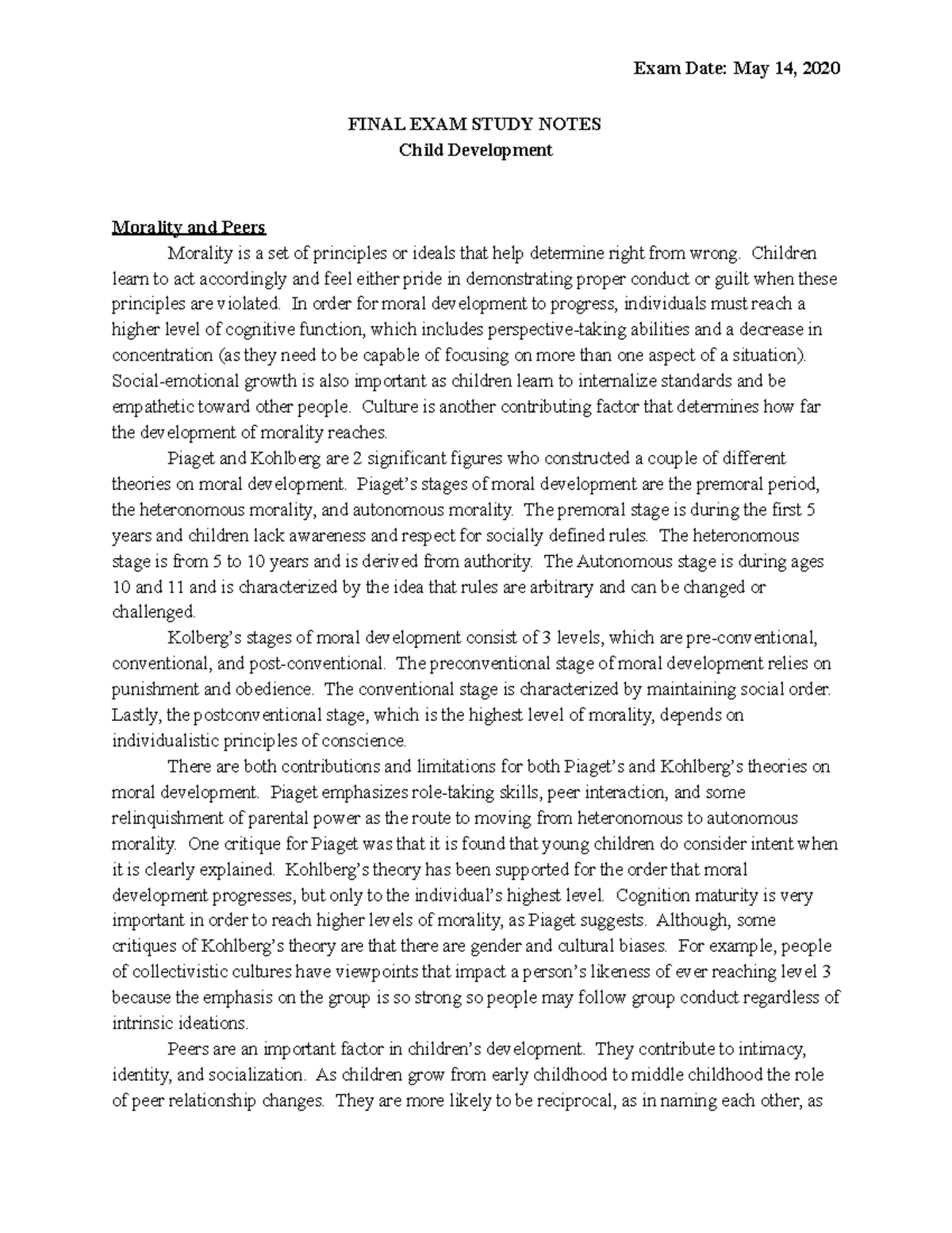 Child Development - Final Exam Notes - FINAL EXAM STUDY NOTES Child ...