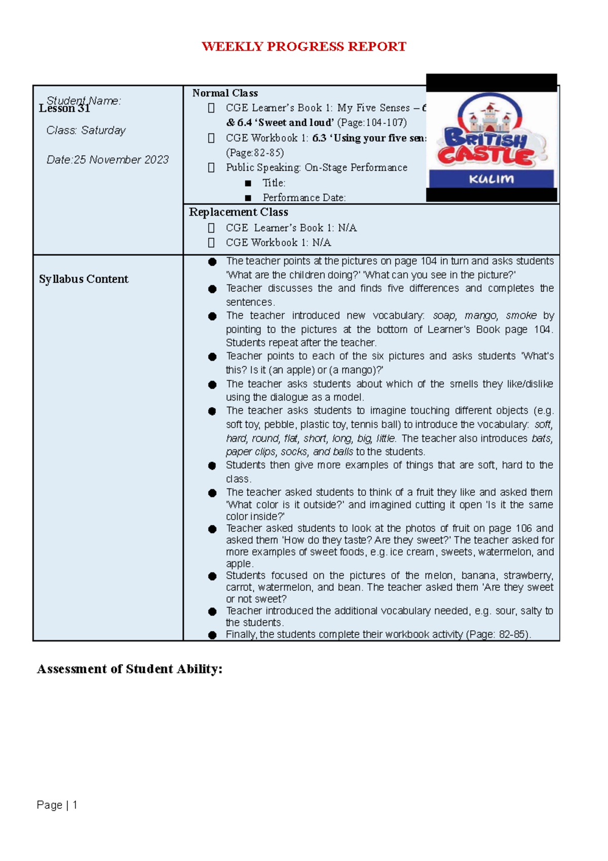 CGE Book 1 Lesson 26 (Topic 6 - WEEKLY PROGRESS REPORT Lesson 31 Normal ...