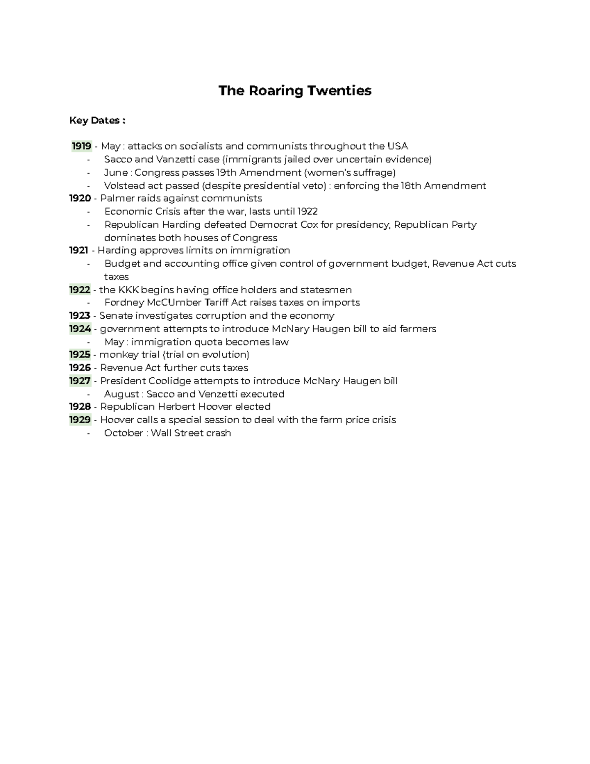 The Roaring 20s complete notes - The Roaring Twenties Key Dates : 1919 ...