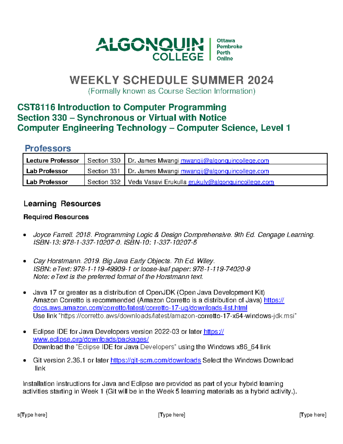 Weekly Schedule(WS) S24 CST8116 330 - WEEKLY SCHEDULE SUMMER 2024 ...