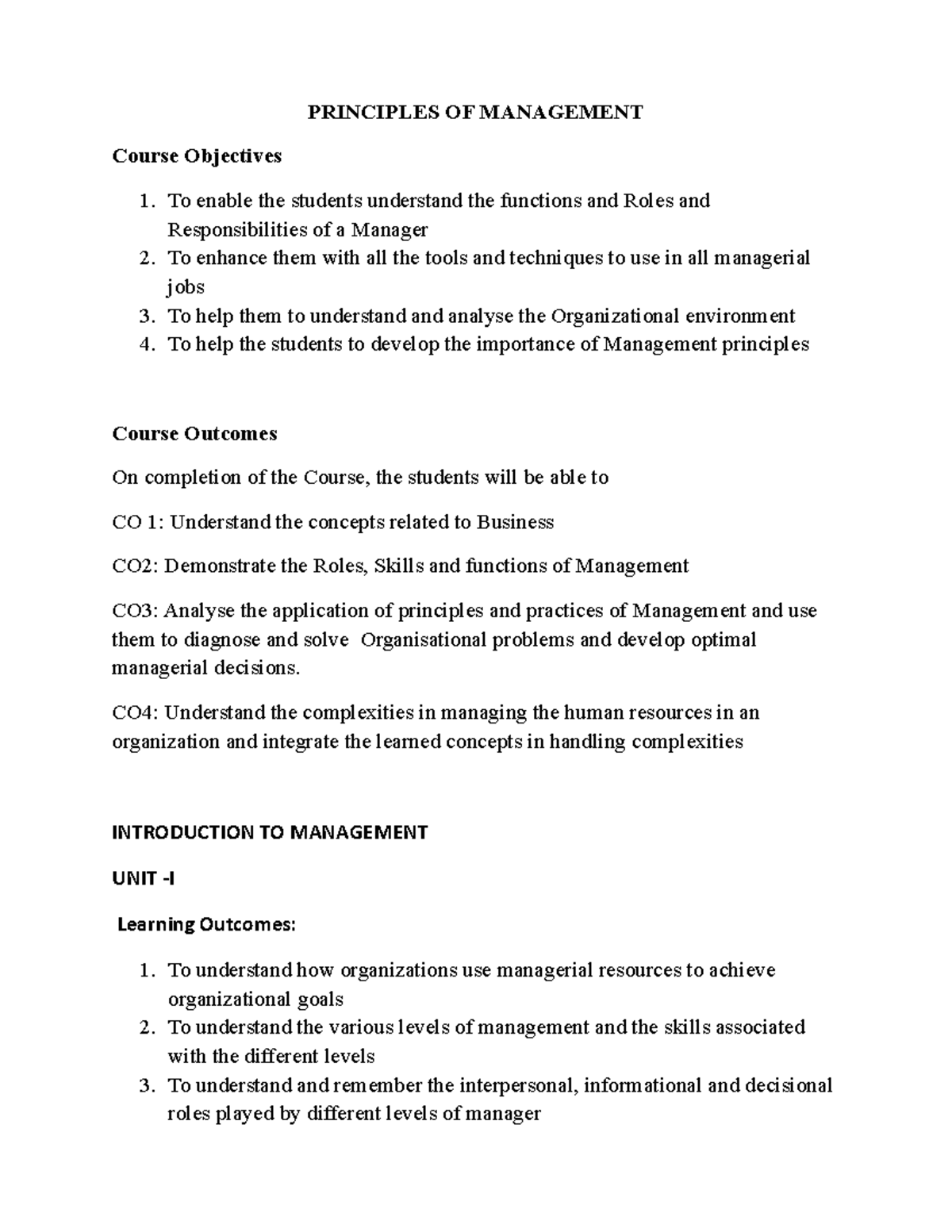 Management - module 1 - PRINCIPLES OF MANAGEMENT Course Objectives 1 ...