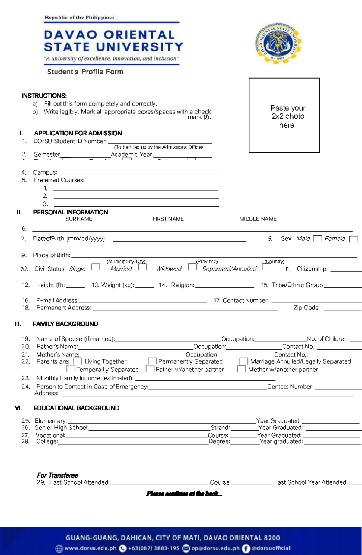 Dorsu-1 (ORIG) - FORM - Student’s Profile Form Paste your 2x2 photo ...