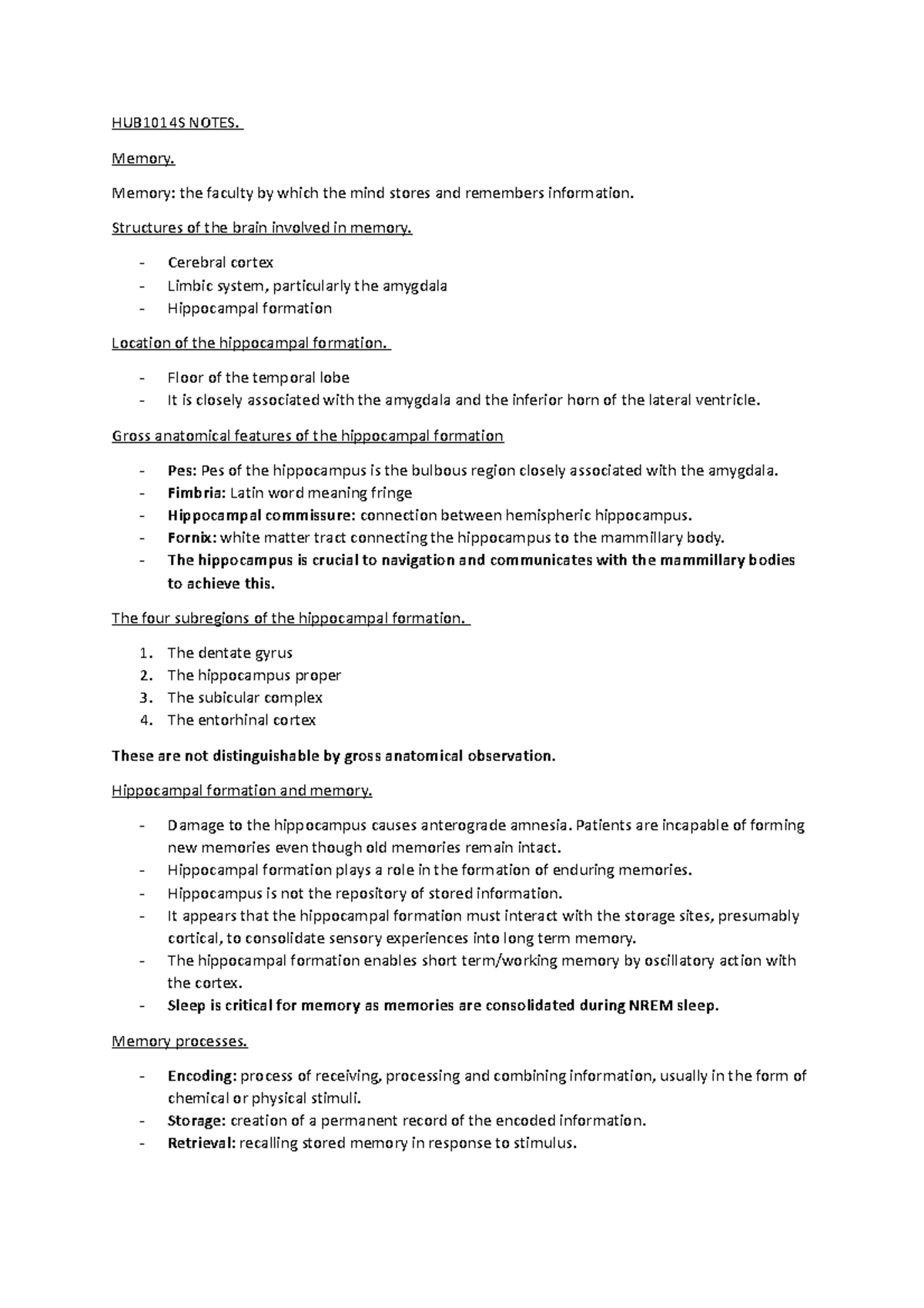 HUB notes - HUB1014S NOTES. Memory. Memory: the faculty by which the ...