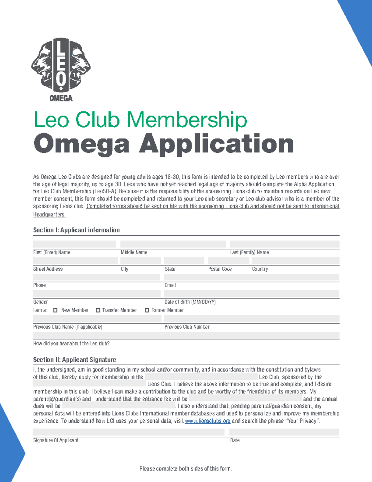 Application for membership leo club - Please complete both sides of ...