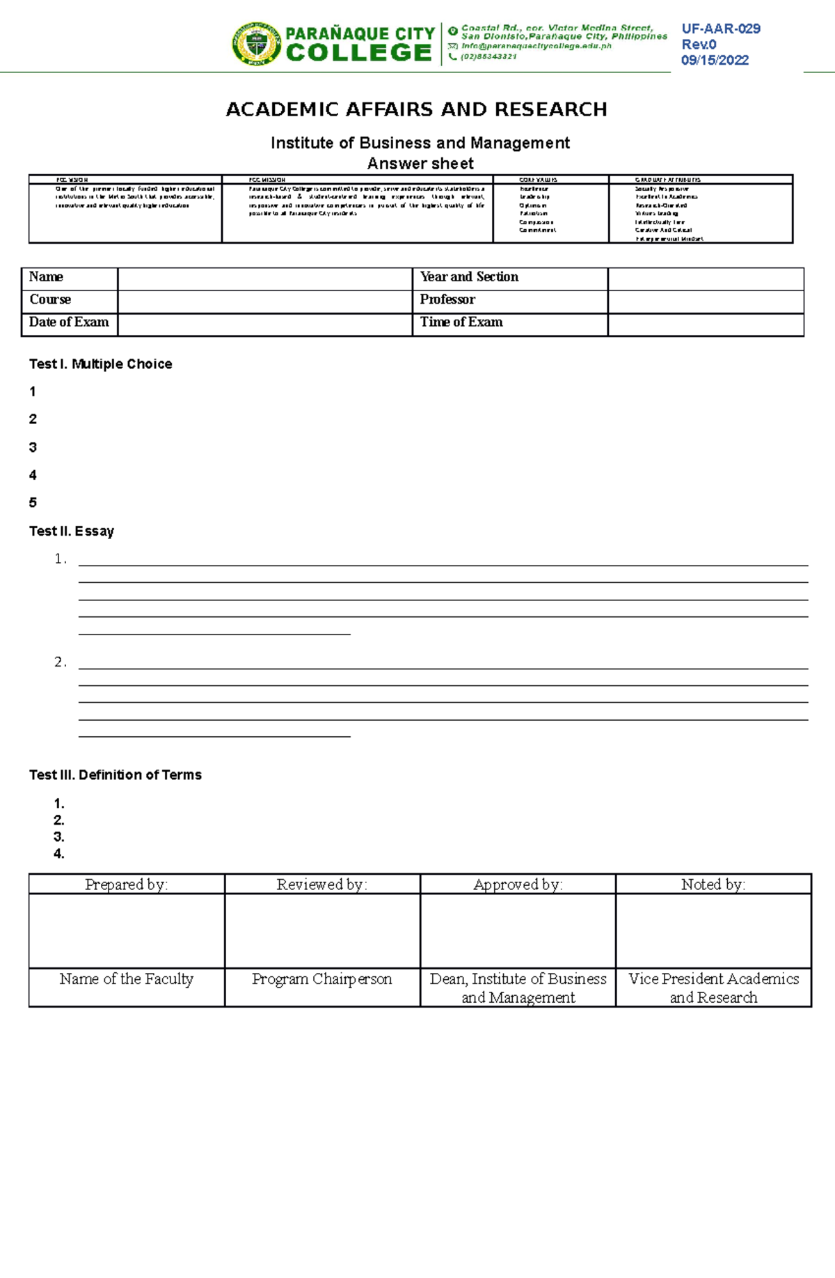 UF AAR 029 Answer Sheet - ASDASDSAD - ACADEMIC AFFAIRS AND RESEARCH ...