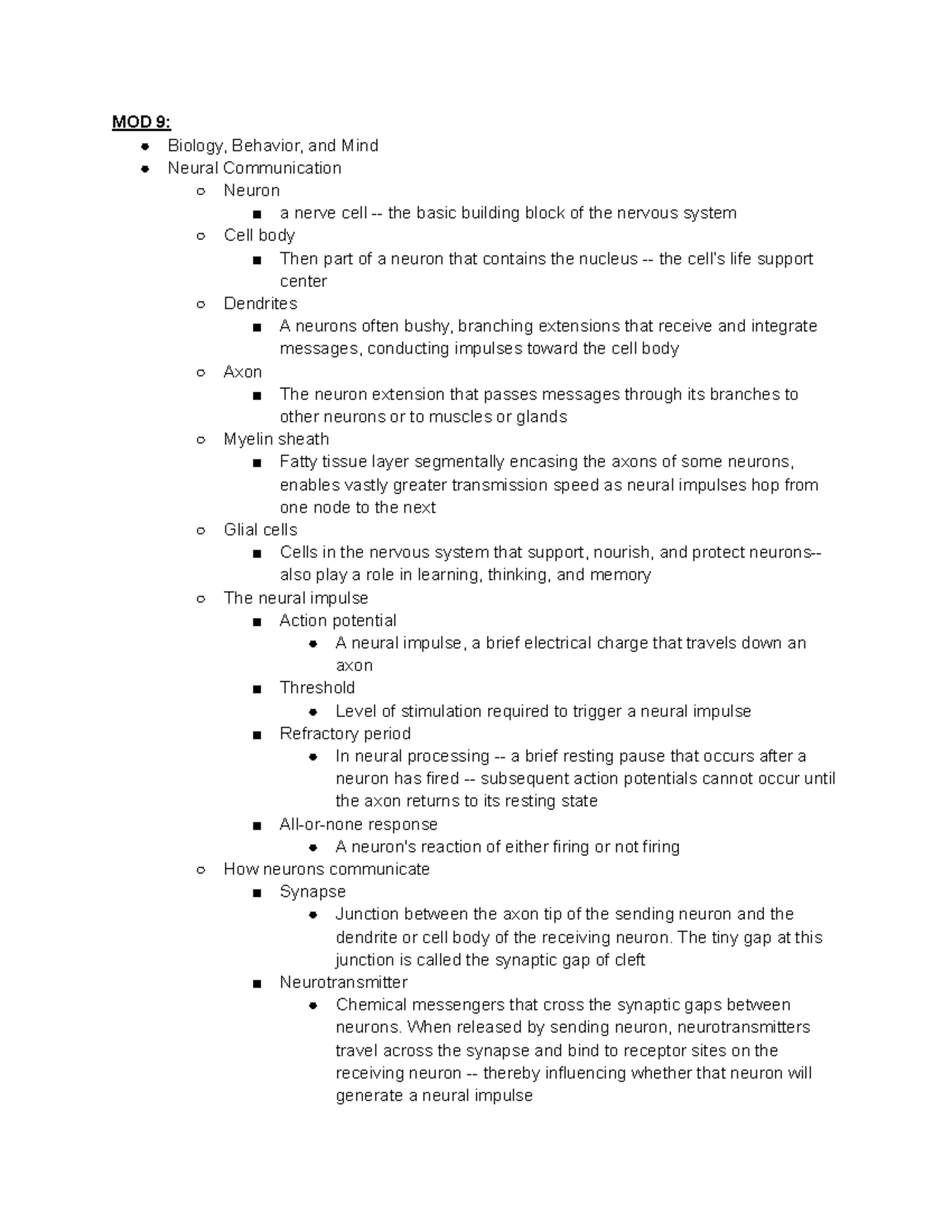 Pysch mod 9-10 - notes from Myers Psychology book modules 9 and 10 ...