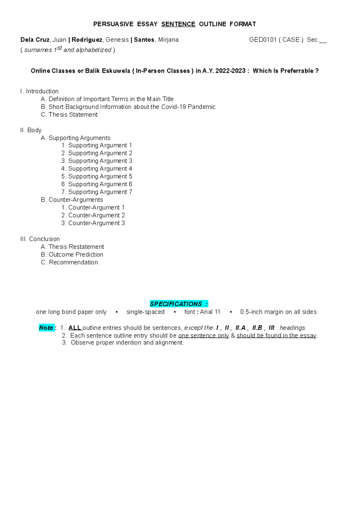 Persuasive Essay Sentence Outline - PERSUASIVE ESSAY SENTENCE OUTLINE ...