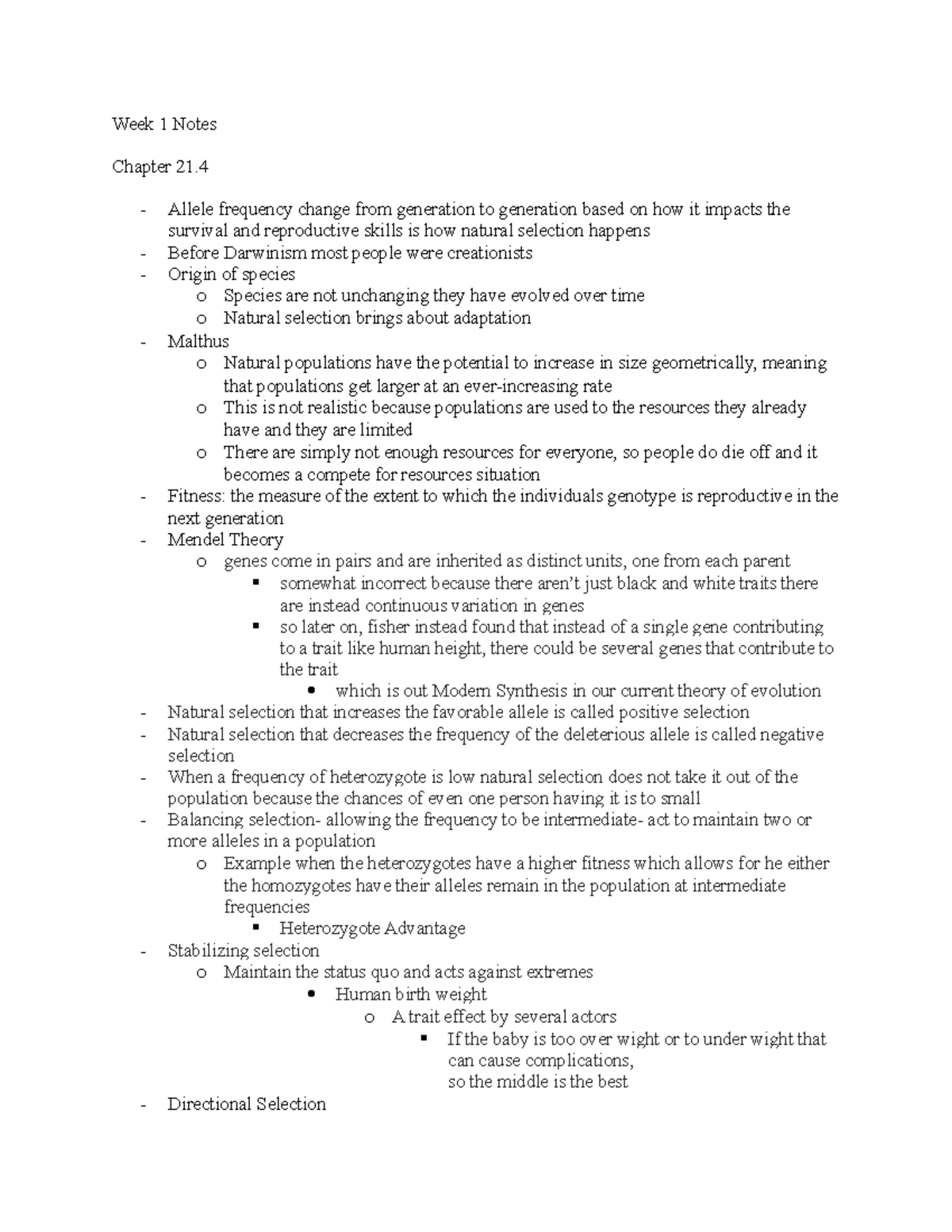 Week 1 Notes - Week 1 Notes Chapter 21. Allele frequency change from ...