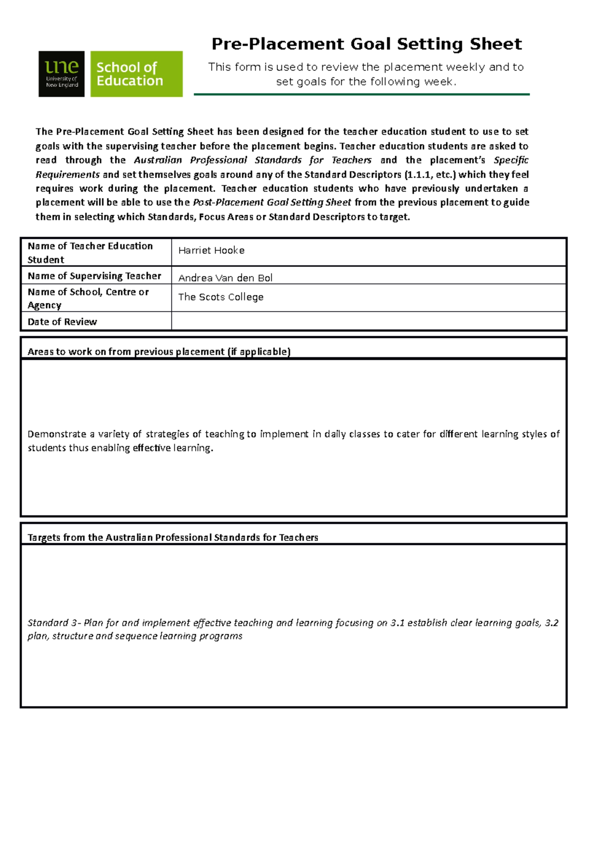 Hooke EDUC550 Pre Post-Goal Setting - Pre-Placement Goal Setting Sheet ...