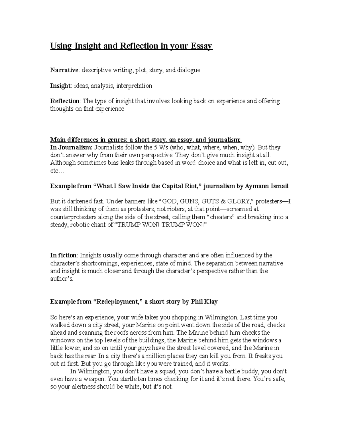 Narrative vs Insight vs Reflection Spring 2022 - Using Insight and ...