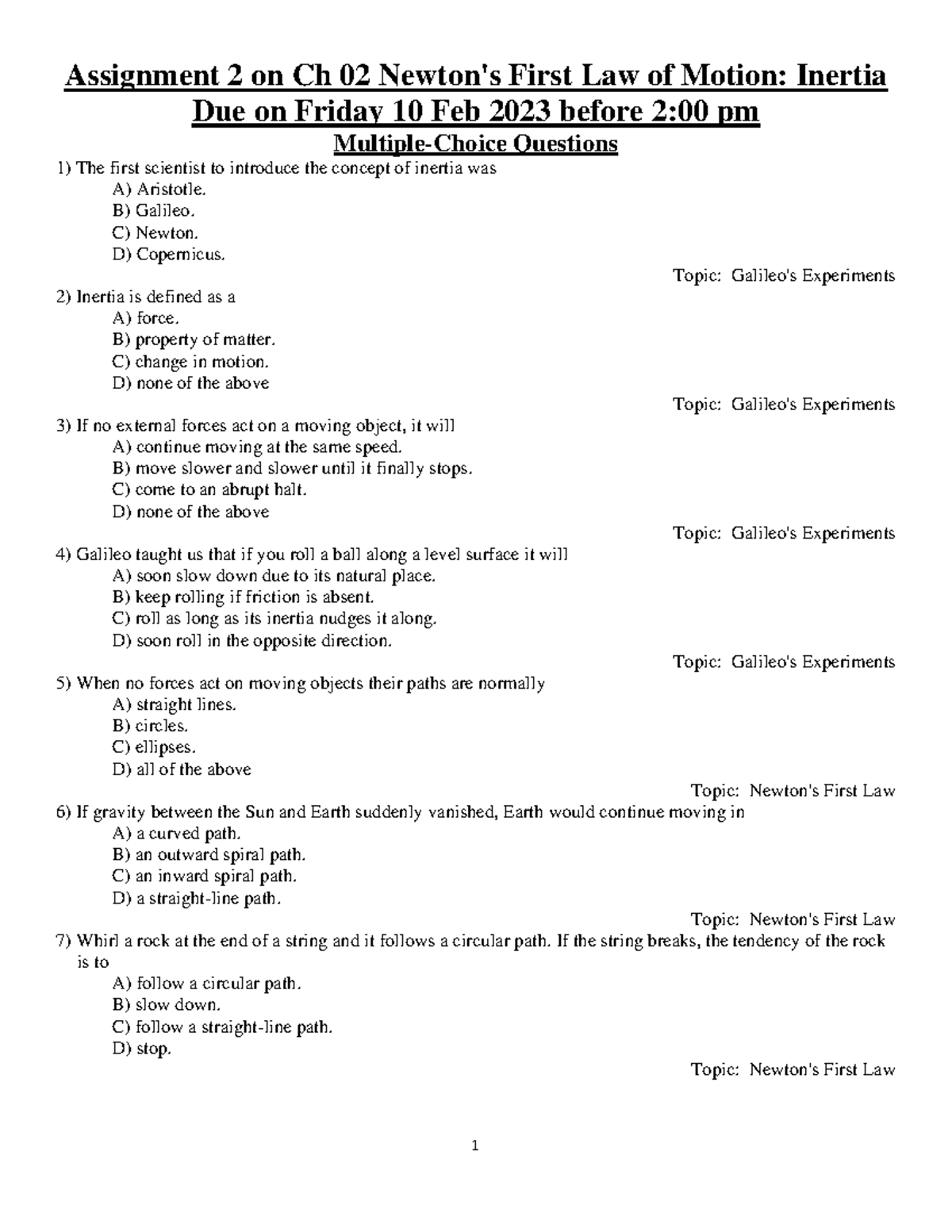 Assignment 2 on Ch 02 Newton's First Law of Motion-Inertia - 1 ...