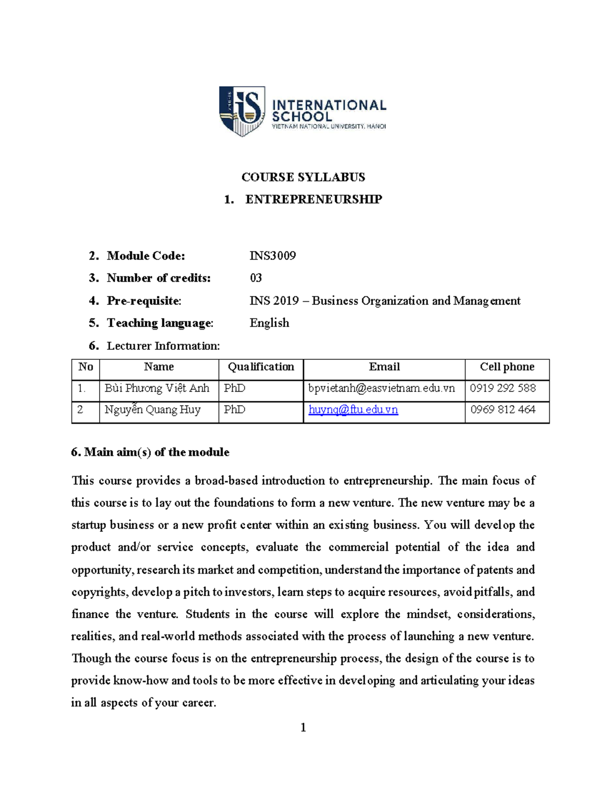 0. Syllabus 2023 Entrepreneurship EN (VNU program) - COURSE SYLLABUS 1 ...